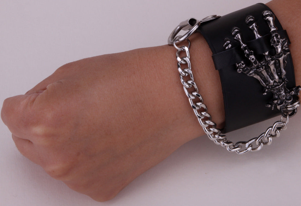 Metal Skeleton Hand Grasp with Chain Leather Bracelet – Heavy Metal Armor
