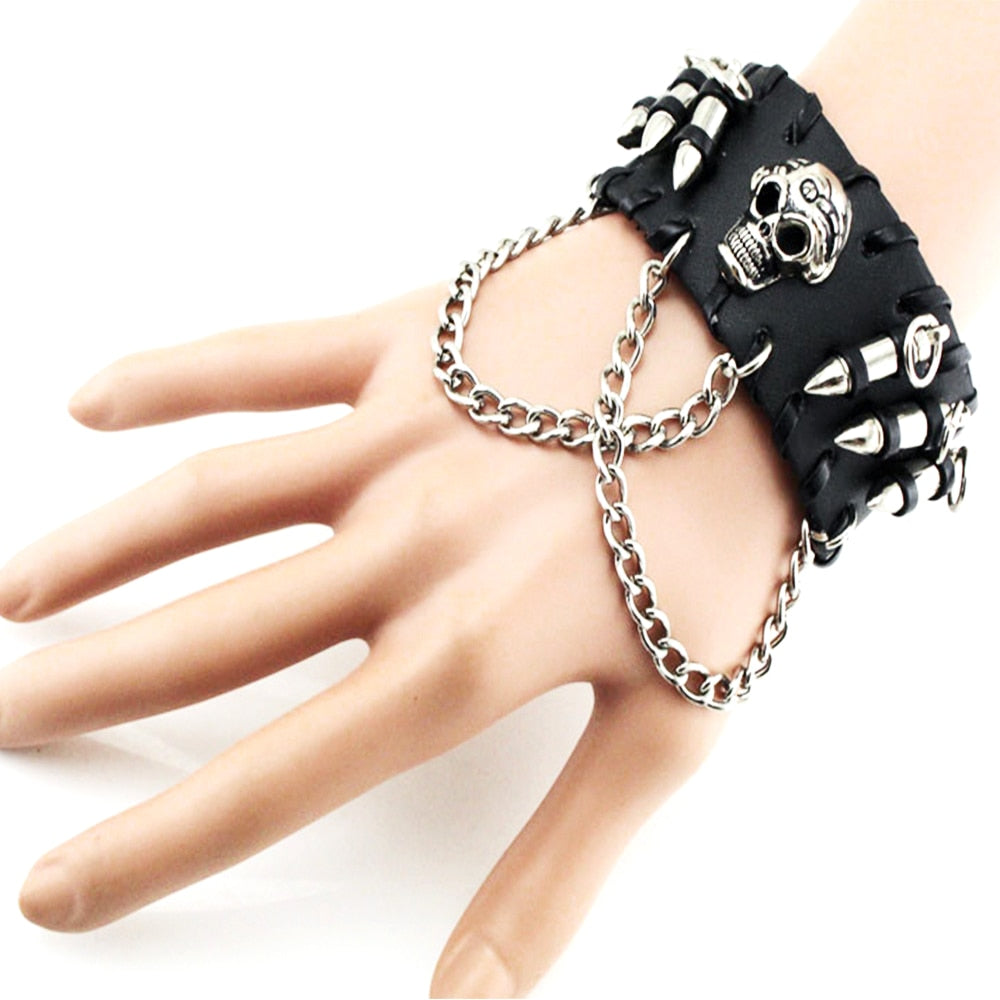Black Metal Skull and Bullets Leather Bracelet with Chains – Heavy ...