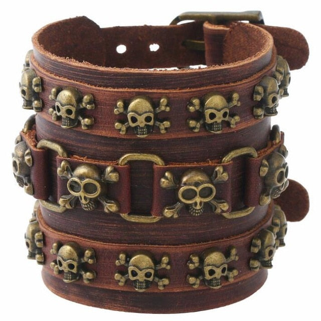 Linked Skulls Metal Leather Bracelets – Heavy Metal Armor
