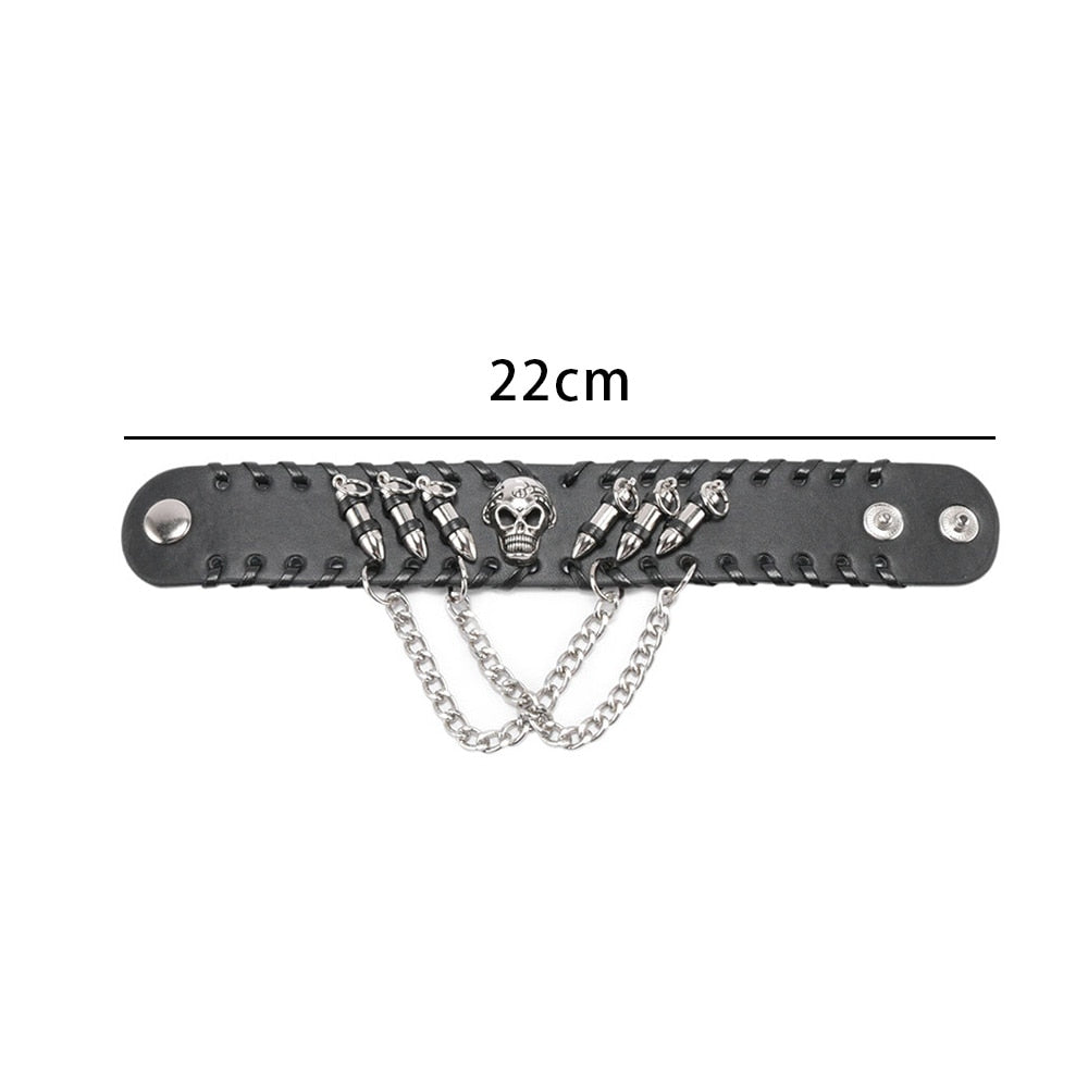 Black Metal Skull and Bullets Leather Bracelet with Chains – Heavy ...