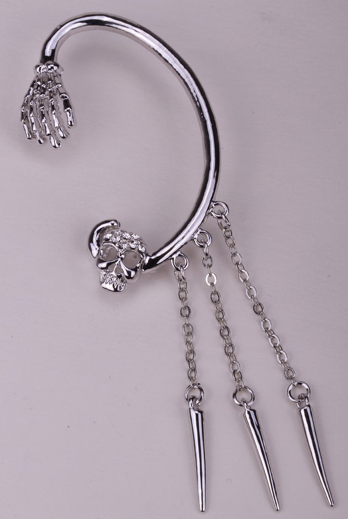 Metal Skull Skeleton Hand Left Ear Clip Cuff Earring With Crystals ...