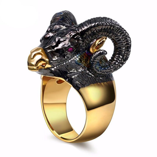 Massive Black Metal and Gold Goat Head with Curled Horns Ring – Heavy ...