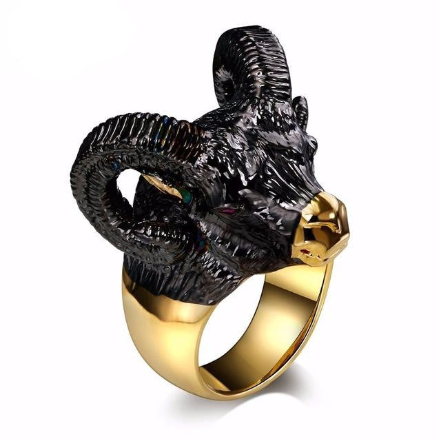 Massive Black Metal and Gold Goat Head with Curled Horns Ring – Heavy ...